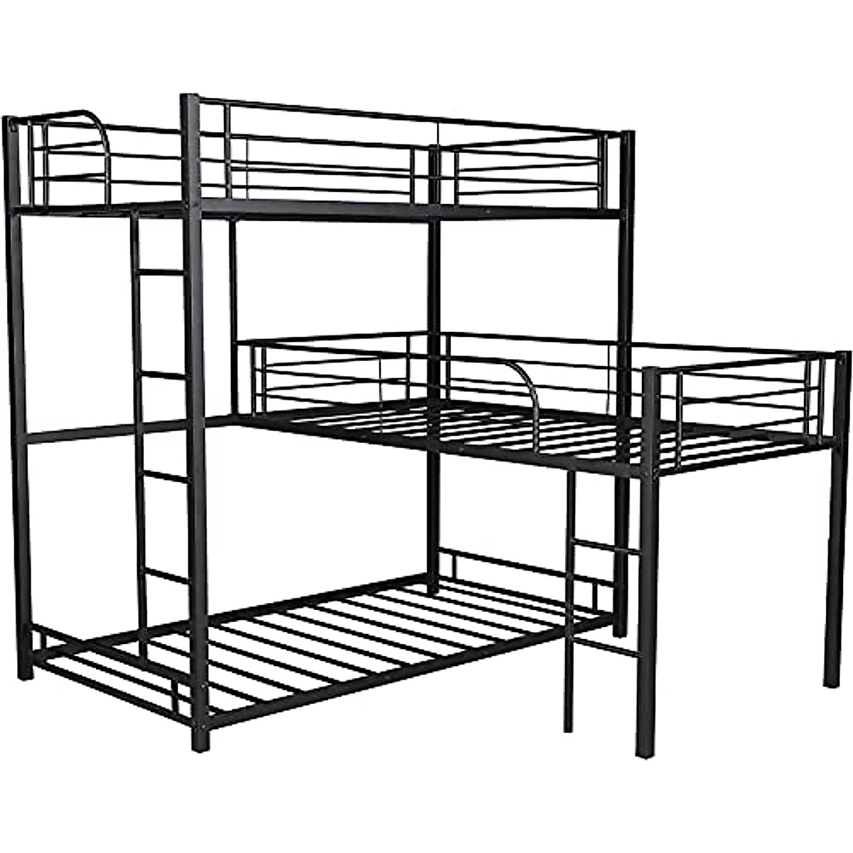 ATH-S Metal Bunk Bed with Desk, Twin Over Twin Over Full Bunk Beds, L-Shaped Metal Triple Twin Over Full Bunk Bed Teens Adult, Black with Desk (Color : Black)