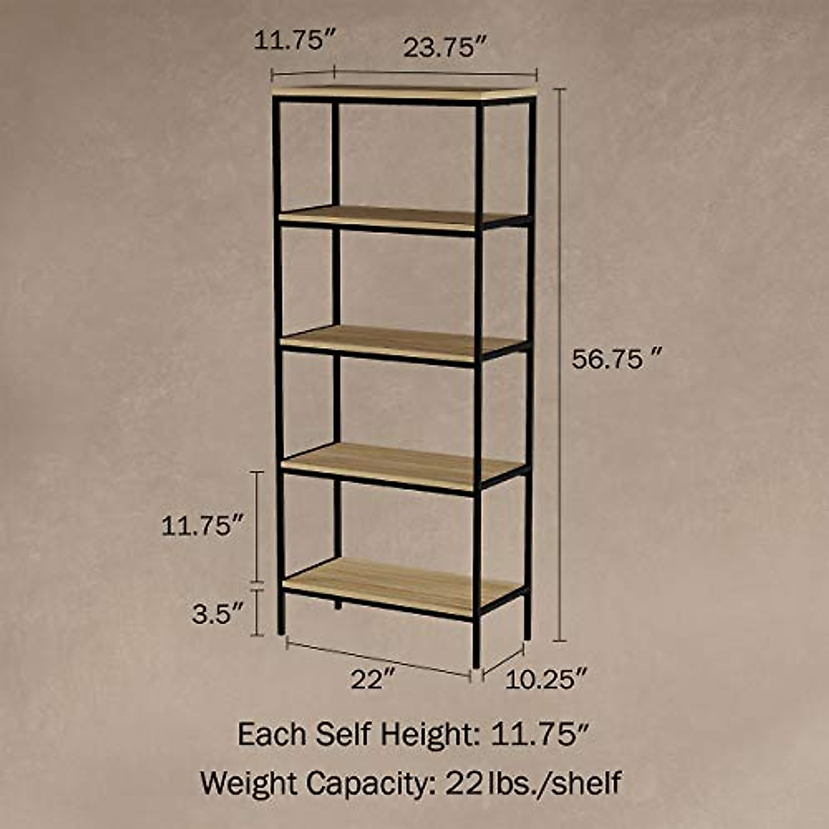 Lavish Home 5-Tier Bookshelf-Open Industrial Style Etagere, Black