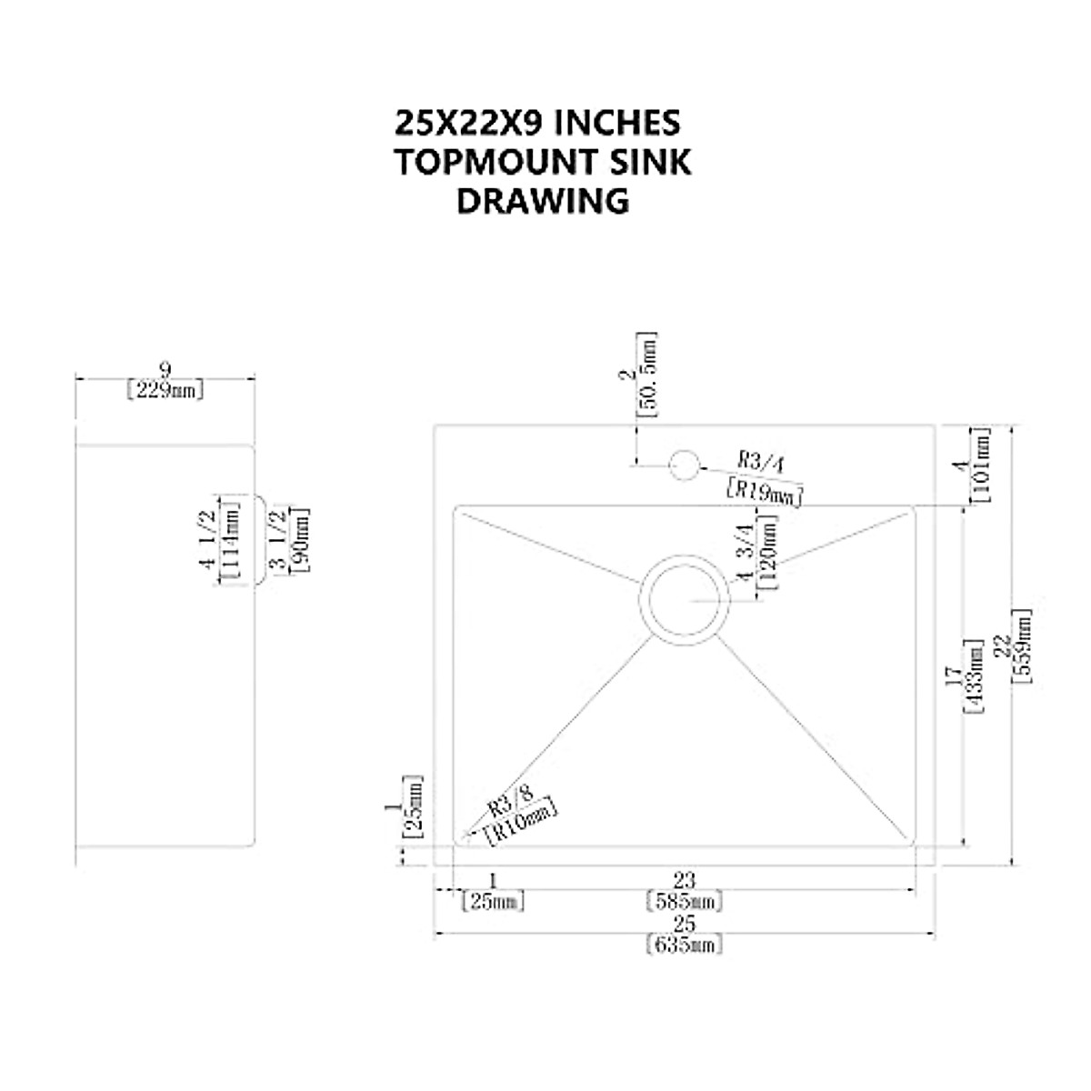 WHISTLER 25x22 inch Handmade Topmount Sink Drop-In 16 Gauge Stainless Steel Single Bowl Kitchen Sinks with 2 Holes for Faucet & Soap Dispenser, Basket Strainer,Bottom Grid and Kitchen Towel