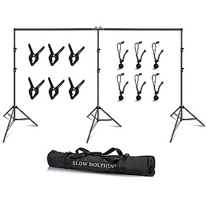 SLOW DOLPHIN Photo Video Studio 20ft (Wide) x 10ft (Tall) Heavy Duty Adjustable Width & Length Photography Backdrop Stand Background Support System Kit with Spring Clamps, Backdrop Clips, Carry Bag