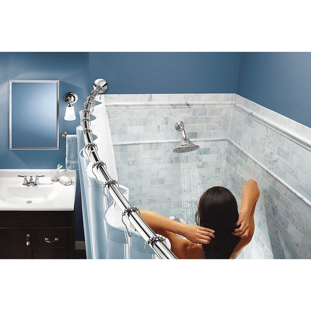 Moen Chrome 5-Foot Adjustable Tension Single Curved Shower Curtain Rod for Bathroom Shower, CSR2172CH