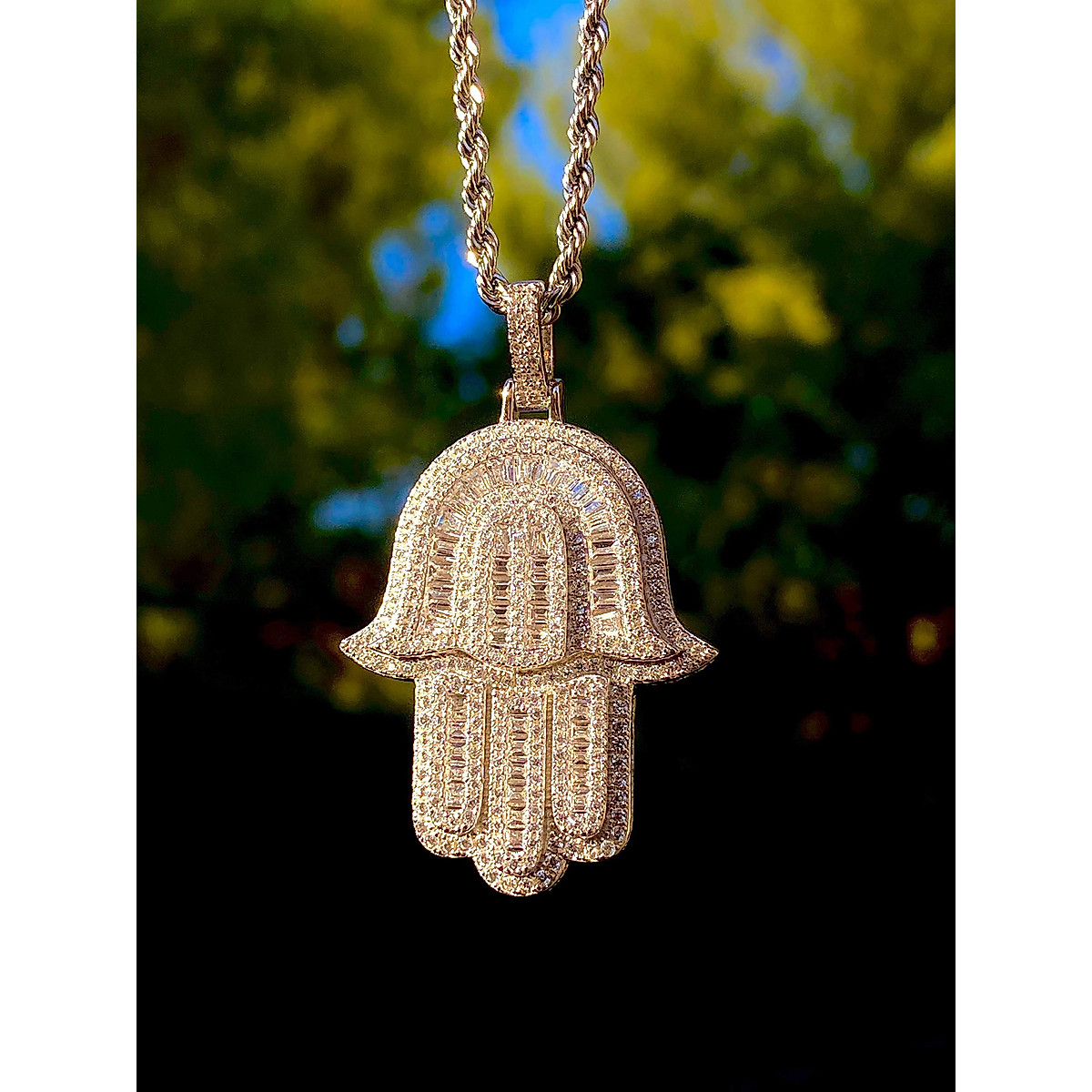 Shop-iGold Men's Hamsa Evil Eye Protector Men Women 925 Italy White Gold Finish Iced Silver Charm Pendant Stainless Steel Real 3 mm Rope Chain, Mans Jewelry, Iced Pendant, Rope Necklace 16"- 24" (24)