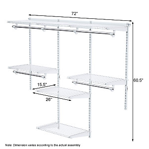 S AFSTAR 4 to 6 FT Mounted Closet Systems, Height Adjustable Custom Clothes Closet Kit with 3 Hanging Rod & 6 Storage Shelves, Wall-Mounted Clothes Closet Organizer for Bedroom Apartment, White