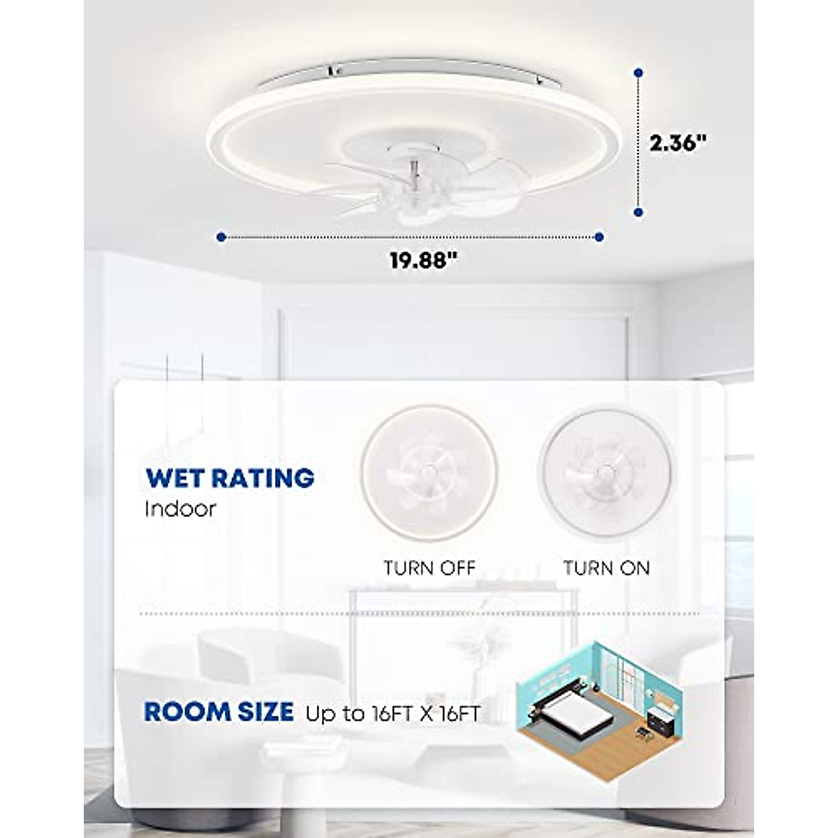 NookNova 20'' White Smart Low Profile Indoor Flush Mount Ceiling Fan with Lights, Small Modern Bladeless Ceiling Fan with LED Light Remote and APP Control for Bedroom etc, 6 Speed, Stepless Dimming