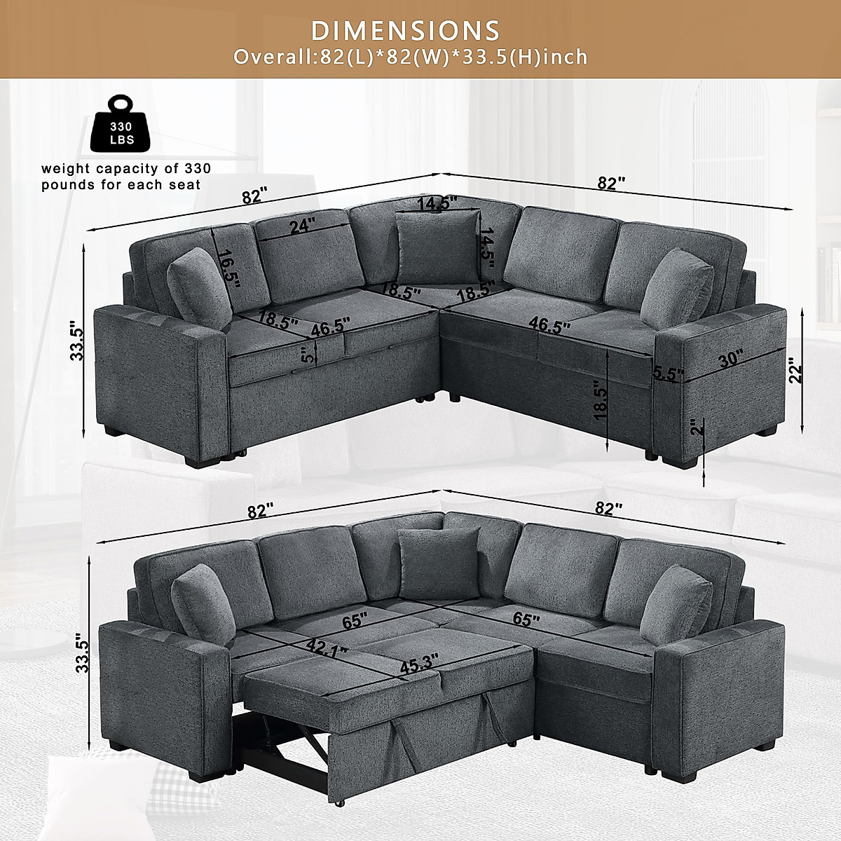 THSUPER 82'' Chenille L-Shaped Sleeper Sectional Sofa with Pull-Out Bed & Reversible Convertible Feature for Living Room, 5-Seater with 3 Pillows Included. Dark Grey
