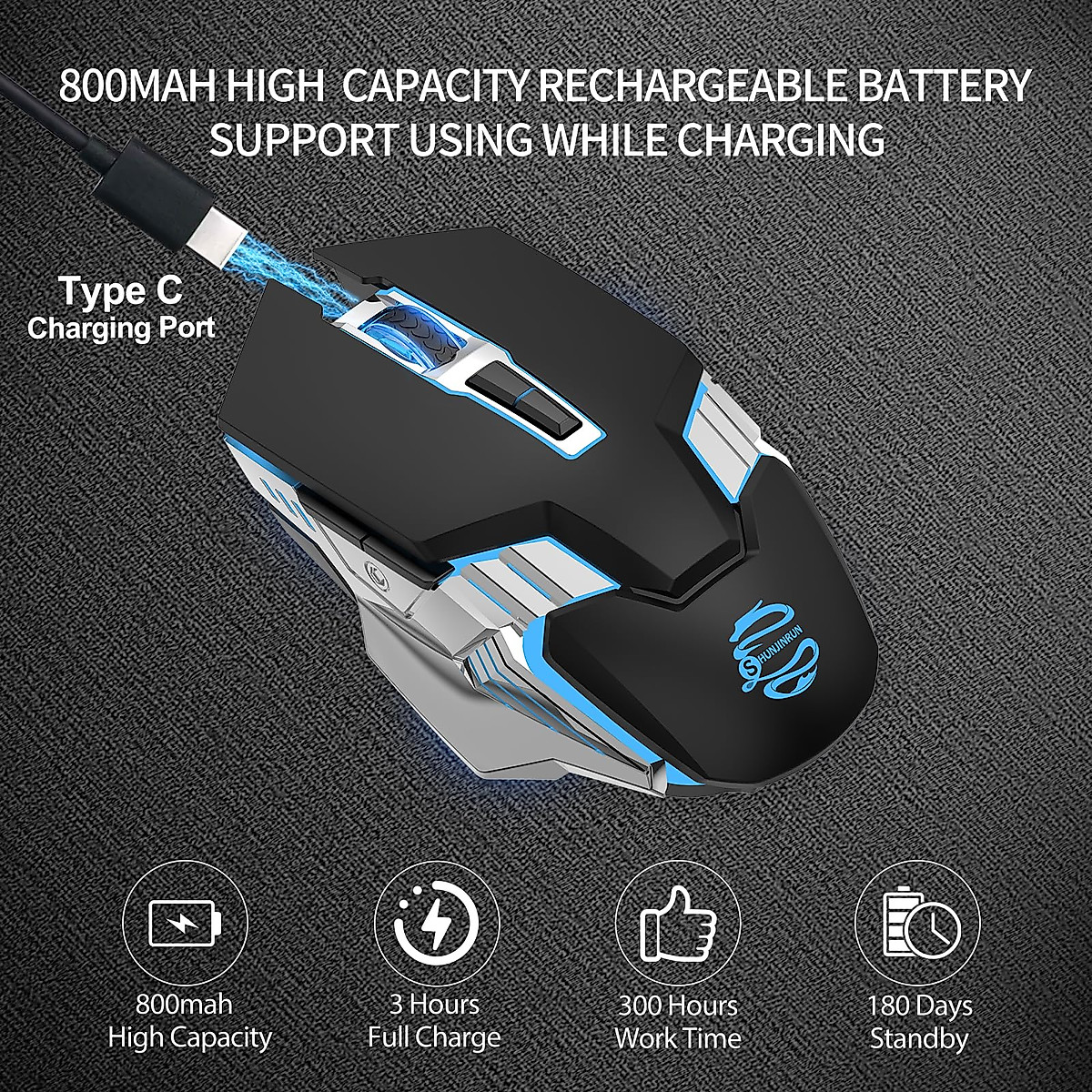 Bluetooth Mouse Rechargeable, Wireless Gaming Mouse Multi Device(BT5.0/3.0+2.4G) with Side Buttons, USB Receiver, RGB Backlit, Cordless Computer Mice for Laptop, Windows PC Mac Tablet(Black-Mute)
