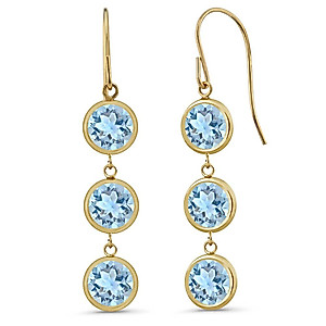 Gem Stone King 14K Yellow Gold Sky Blue Aquamarine Dangle Long 3-Stone Earrings For Women (2.40 Cttw, Gemstone Birthstone, Round 5MM, 1 Inch)