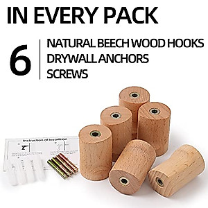 CRSWHA Natural Wood Hooks for Wall,6 Pack Wall-Mounted Wooden Hat Hooks,Modern Decorative Wooden Wall Pegs for Entryway Wall,Heavy Duty Coat Hanger Hooks for Hanging Bags,Towels,Purse(Beech Wood)