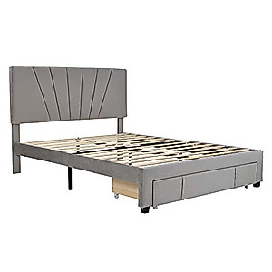 Rhomtree Queen Size Bed Frame with 1 Big Storage Drawer, Velvet Upholstered Storage Bed Frame, Easy Assembly, Queen Size Frame (Gray)