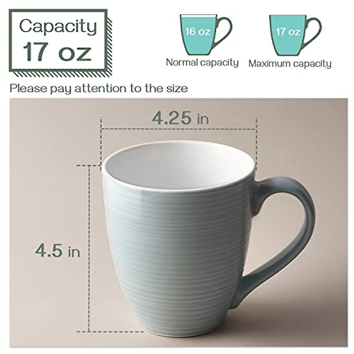 DOWAN Coffee Mugs, Coffee Mugs Set of 6, 17 Oz Ceramic Coffee Cups with Handle, Hot Cocoa Mugs, Mug Sets, Large Coffee Mug for Coffee Tea, Party, Gray