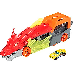 Hot Wheels Toy Car Track Set City Dragon Launch Transporter & 1:64 Scale Car, Stores Up to 5 Vehicles