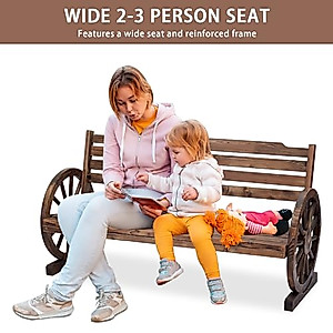 JSUN7 Wooden Outdoor Wagon Wheel Bench - Yard Decorative 3-Person Bench with Backrest Fir Wood Seat Rustic Style for Bench Patio Garden