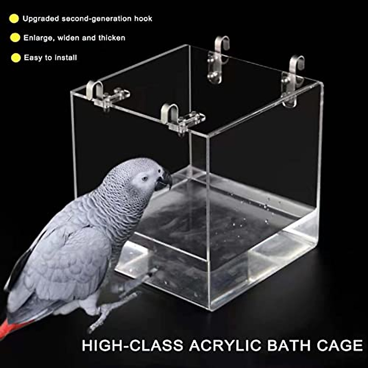 Xxmbbjy Hanging Cube Bird Bath Cage, Transparent Bird Bathtub Bath Shower with Stainless Steel Hooks for Small Bird Canary Parakeet Budgerigar Parrots Crested Myna Cockatiel Lovebird (Large)