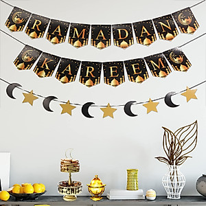 Ramadan Kareem Banner, Ramadan Banner with Star and Moon, Ramadan Kareem Decoration for Wall and Mantle - Pre-strung