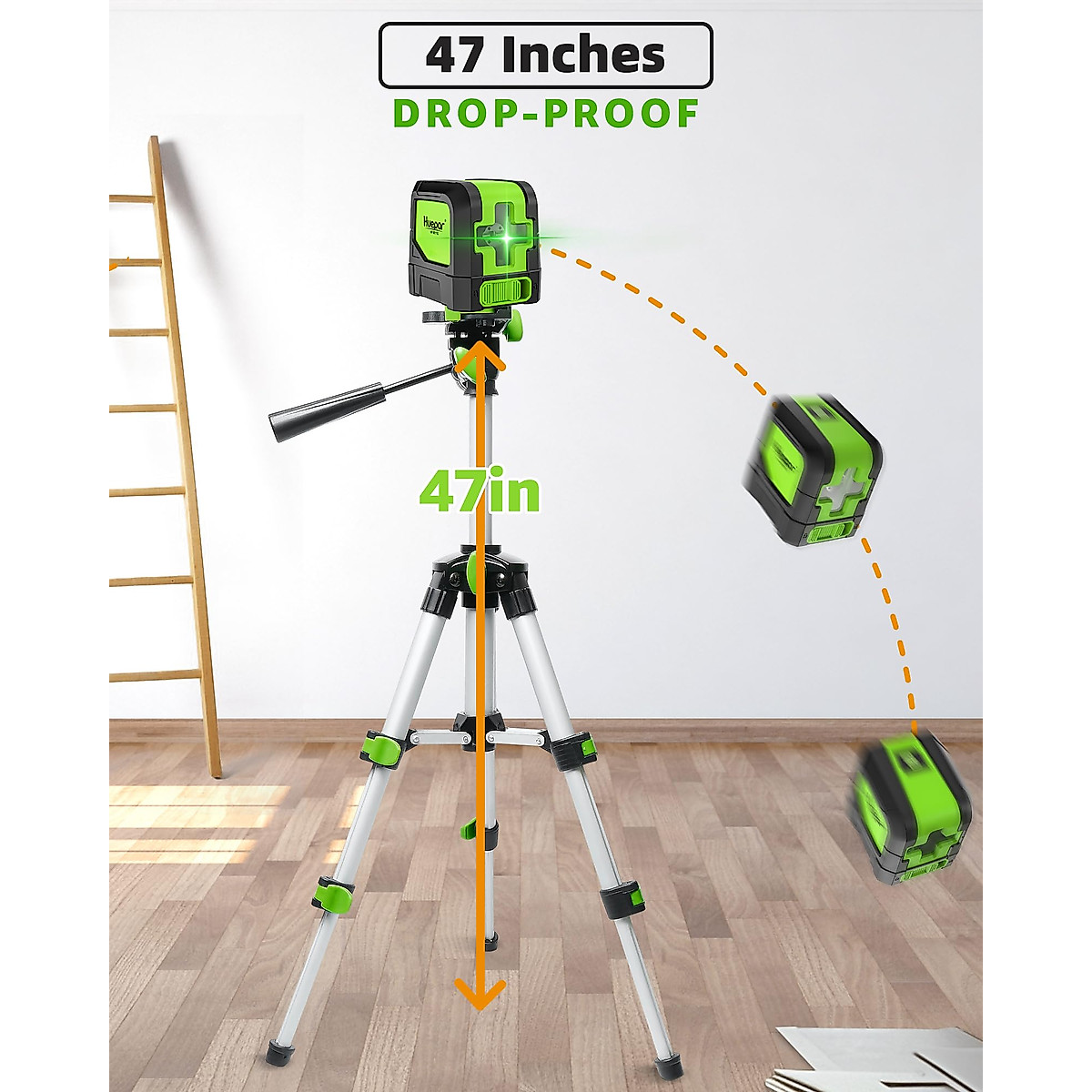 HUEPAR Laser Level Self-Leveling - 100 feet DIY Bright Green Cross Line Laser Leveler for Picture Hanging, Tile, Decoratio and Construction Indoor Project, 360° Magnetic Base & Battery Included