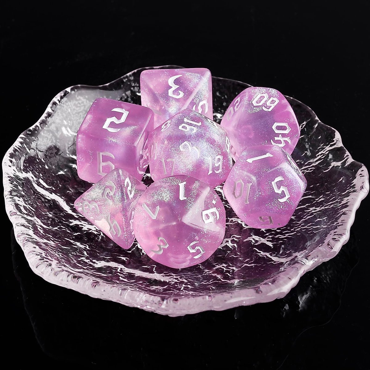 DND Dice Pink Transparent Dice with Color Changing Glitter for Dungeons and Dragons Role Playing Game,D&D,MTG,Pathfinder Dice Set with Dice Pouch(Sickle Handwriting)