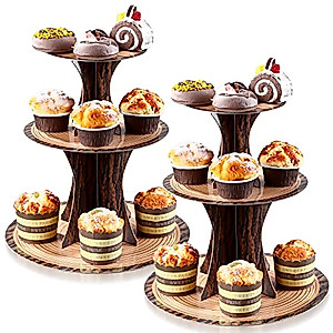 2 Pcs Wood Cupcake Stand, Woodland Baby Shower Decorations Wood Grain Birthday Party Supplies, 3 Tier Cardboard Wooden Cupcake Stand Tower Safari Rustic Jungle Cupcake Stand