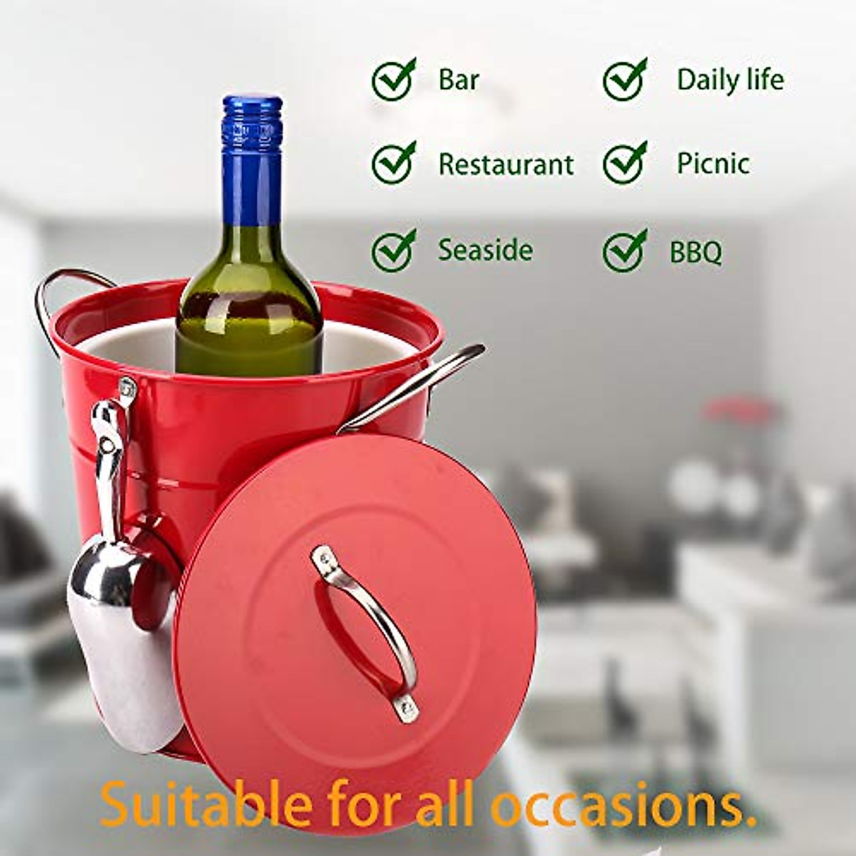 T586 4L Red Metal Double Walled Ice Bucket Set With Lid And Scoop