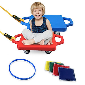 romrex 2 Plastic Scooter Boards with Handles for Kids Sitting and Sports Training, with 1 Ring, 2 Ropes and 4 Beanbags, Indoor and Outdoor Play