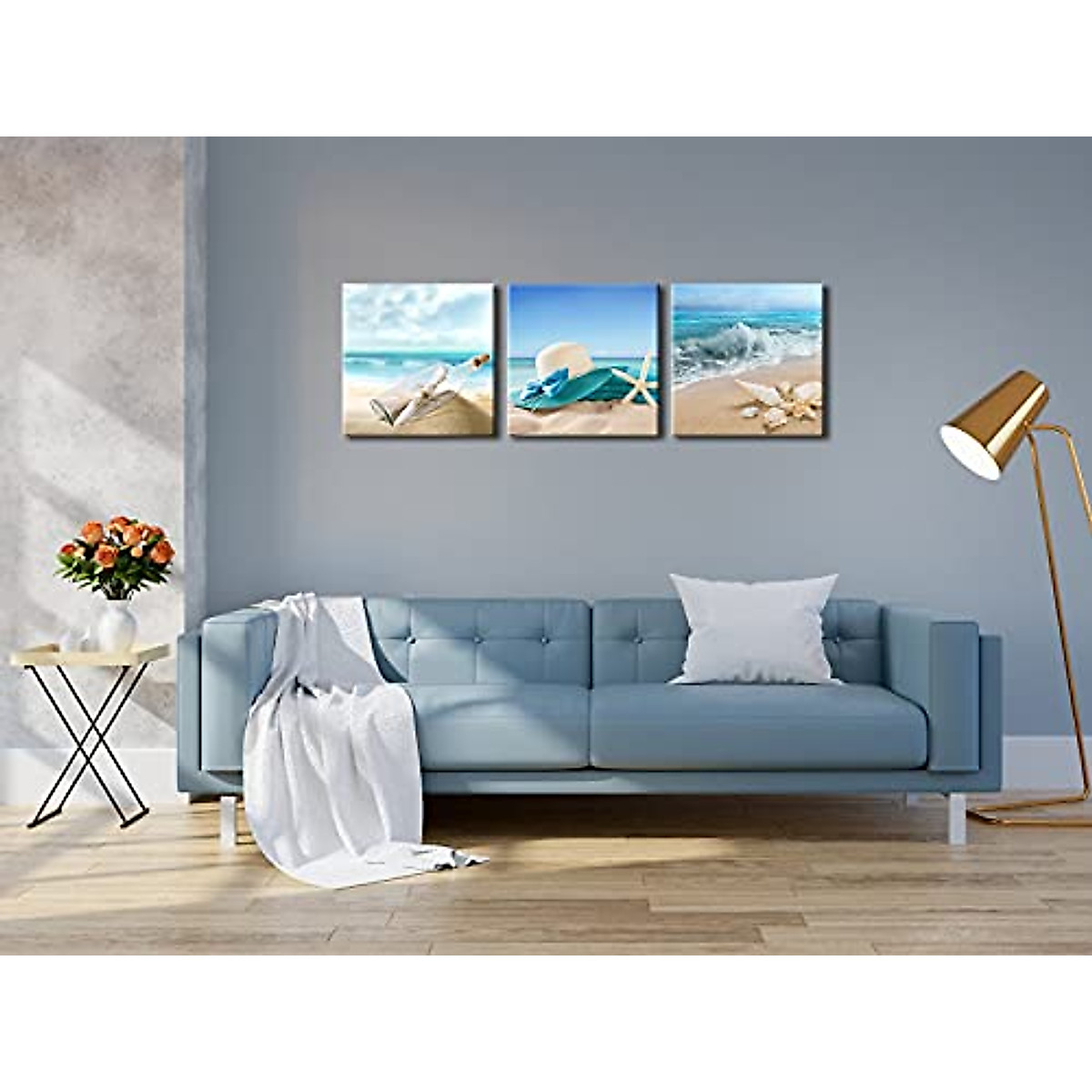Pyradecor 3 Panels Starfish Seashell Bottle Beach Pictures on Canvas Wall Art Modern Seascape Stretched and Framed Giclee Canvas Prints Seaview Landscape Artwork for Bedroom Home Office Decorations