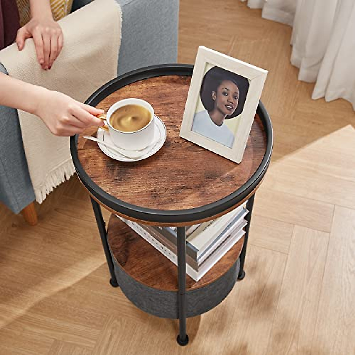 Industrial 2-Tier Round End Table,24" High Rustic Side Table with Full-arrest Tray and Storage Basket, Home Office Coffee Snack Nightstand Bedside Table Laptop Desk for Living Room Bedroom/Brown