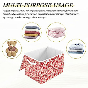 Kigai Small Red Flowers Storage Basket with Lid Collapsible Storage Bin Fabric Box Closet Organizer for Home Bedroom Office 1 Pack