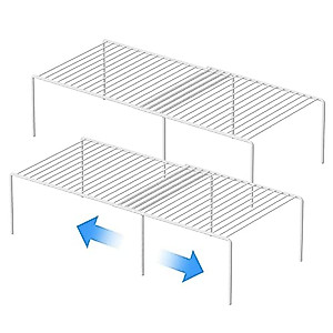 GEDLIRE Kitchen Cabinet Expandable Shelf Organizers Set of 2, Adjustable Metal Wire Pantry Storage Shelves, Plate Dish Organizer Rack for Cabinets, Cupboard, Counter, Freezer, Countertop, White