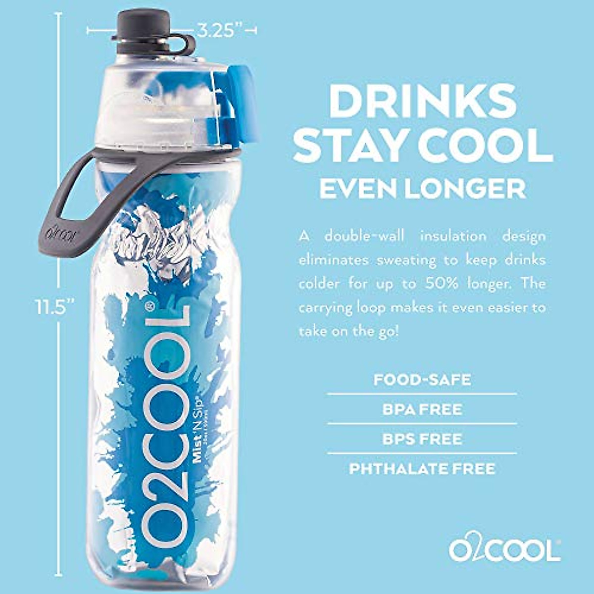 O2COOL ArcticSqueeze Insulated Mist 'N Sip Squeeze Bottle 20 oz., Blue/Blue Splash