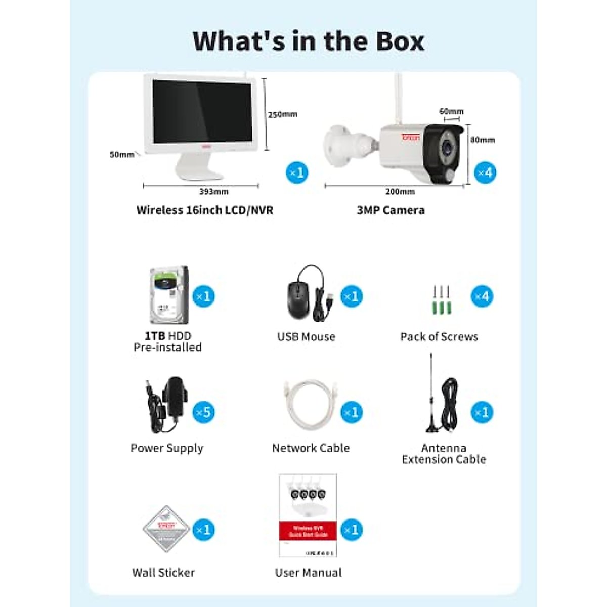 [2K&2 Way Audio&Dual WiFi] Tonton Wireless All-in-One Ultra HD Security Camera System with 16 Inch 5MP Monitor,10CH NVR with 1TB HDD,4PCS 3MP Outdoor Bullet IP Floodlight Cameras with PIR,Plug & Play