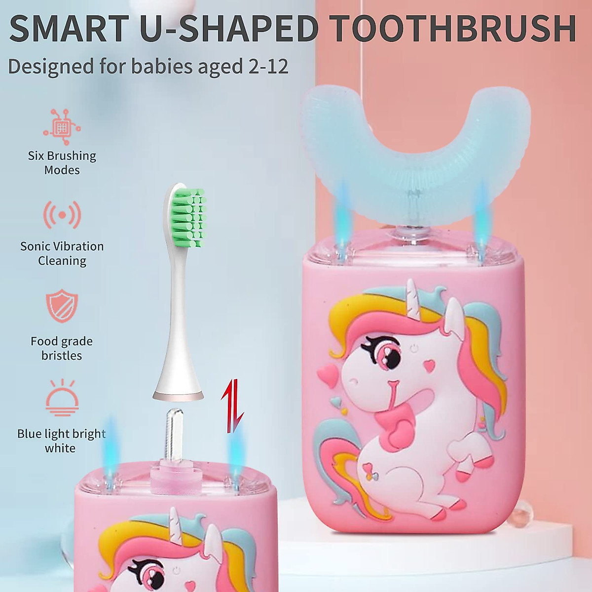 RZM Kids Automatic Sonic Toothbrush- 2 Ergonomic U-Shaped Toothbrush and 1 Regular Brush Head, Six Modes for 360° Sensitive Oral Tooth Cleaning(Pink Unicorn)