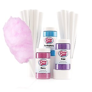 Cotton Candy Express Floss Sugar Variety Pack with 3 - 11oz Plastic Jars of Cherry, Blue Raspberry & Grape Flossing Sugars Plus 50 Paper Cotton Candy Cones