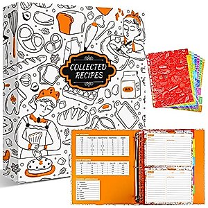 Recipe Binder, 9.5 inch x 11 inch 3 Ring Recipe Binder Kit with 50 Plastic Protectors, 100 5 inch x 7 inch Recipe Cards & 8 Category Divider Tabs, Organizer Set Orange Cartoon Design (XL)