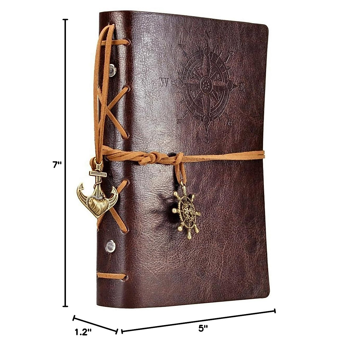 EvZ Leather Writing Journal Notebook, 7 Inches Vintage Nautical Spiral Blank String Diary Notepad Sketchbook Travel to Write in, Unlined Paper, Retro Pendants, Classic Embossed, Coffee