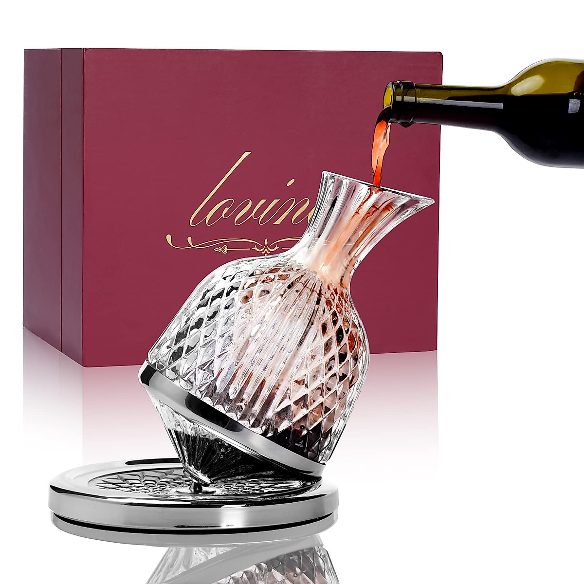 Lovino Crystal Wine Decanter Lead-free Crystal Glass, 360 Degree Spinning, 1.5L Red Wine Aerator Great Gift Box, Wine Accessories
