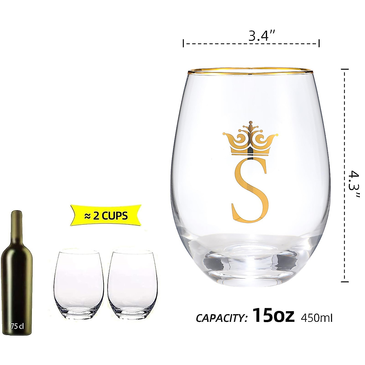 COFOZA Personalized Initial Gifts Letter S 15 Ounce Wine Glass Tumbler Wedding Bridesmaid Birthday Graduation Gift for Men Women Monogrammed Gift Cup (S)
