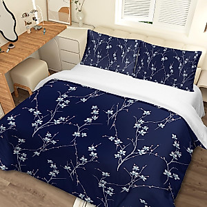 PRINTIUM 3pcs White Floral Queen Duvet Cover Set Dark Blue White Flower Printed Comforter Cover with Zipper Closure Soft Breathable Vintage Botanical Navy Bedding Set