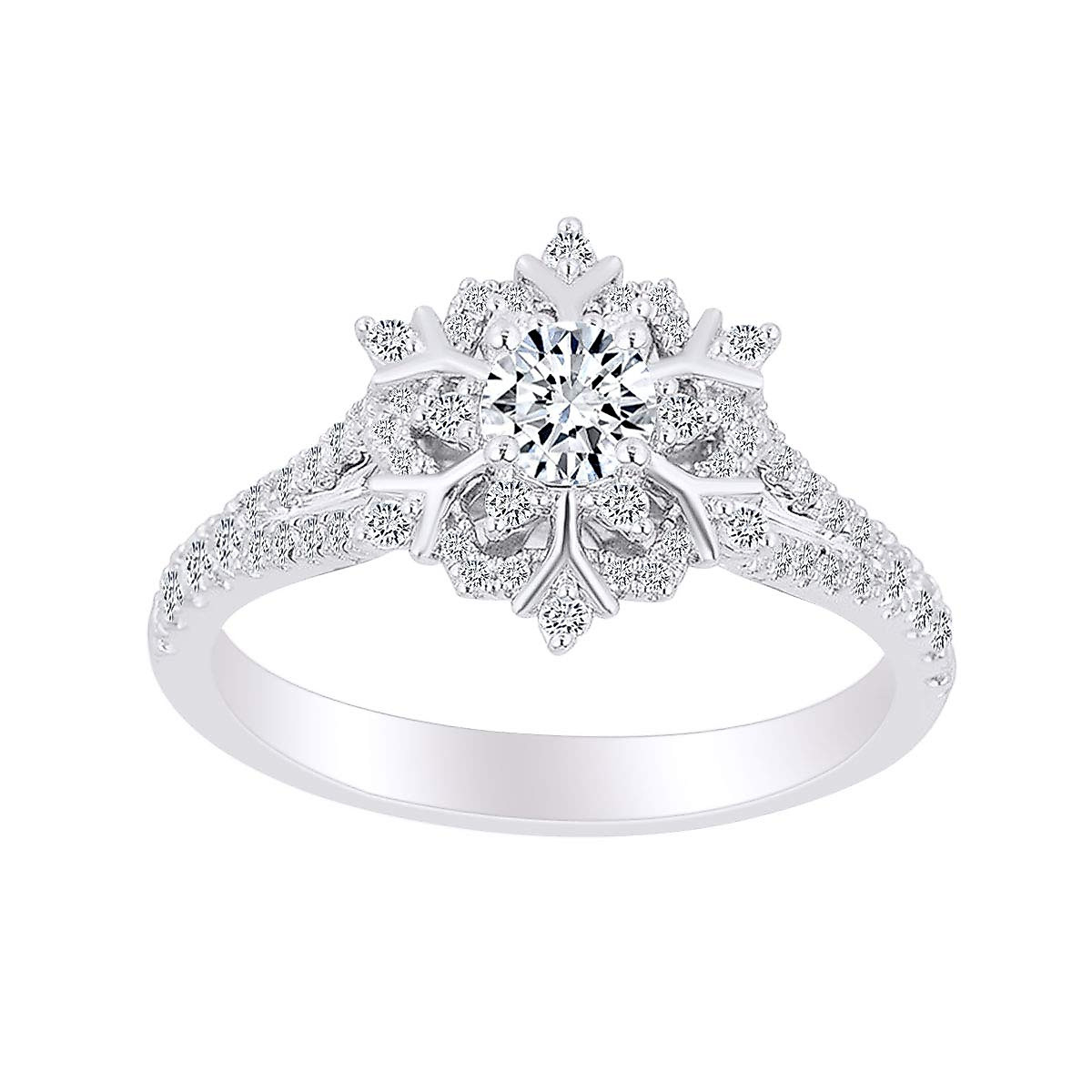 5/8 Carat Round White Natural Diamond Snowflake Engagement Ring 14k Solid White Gold (I-J Color, I2-I3 Clarity, 0.63 Cttw) Ring Size-8