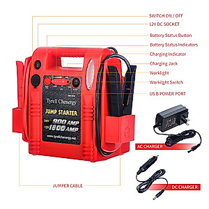 Tyrell Chenergy 1800/900 Peak Amp 12V/24V Jump Starter, Truck Battery Booster Pack, and Commercial Jumper Cables,Includes DC/USB Power for Charging Phones and Tablets,Jump Box Battery Clamps