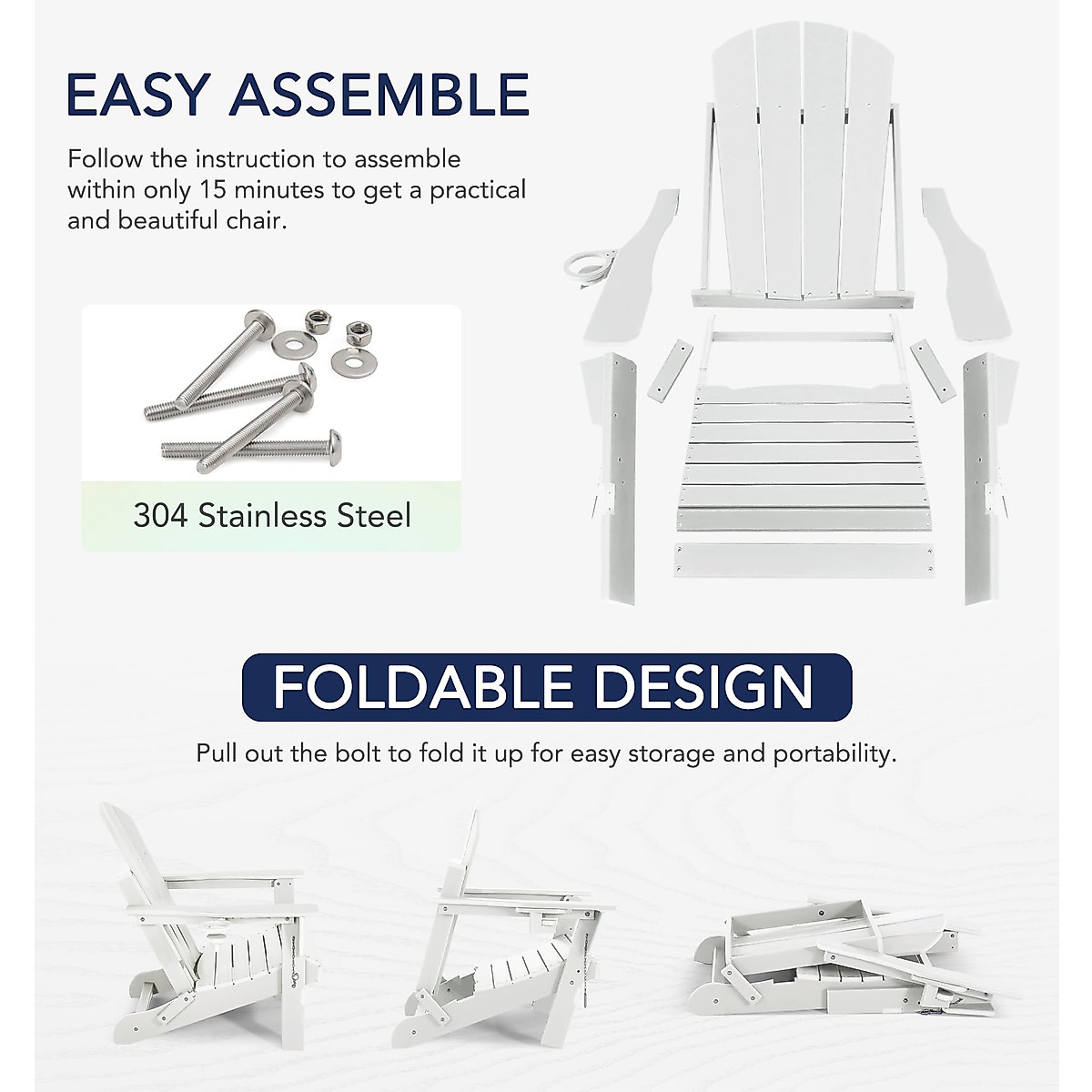 ABCPATIO Folding Adirondack Chair with Footrest - Outdoor Weather Resistant Plastic Adirondack Chairs with Detachable Ottoman, Stackable Seating with Cup Holder for Patio (Seat Width 21.6",White)