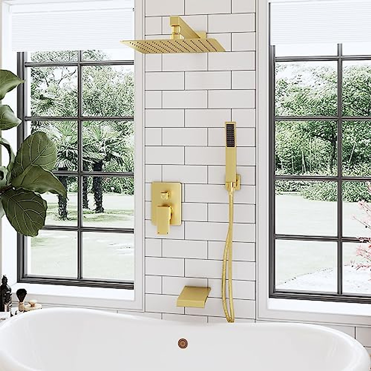 HomGoo Shower System with Tub Spout, Shower Faucet Set with 10-Inch Rain Shower Head, Handheld Shower head and Shower Faucet Trim valve, Wall Mounted Bathroom Shower Combo Set,Gold