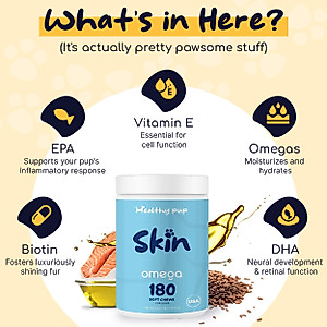 Omega 3 Fish Oil for Dogs Chews - Omega 3 for Dogs Shedding and Itchy Skin Relief for Dog Dry Skin and Hot Spots, EPA and DHA Fatty Acids, Dog Skin and Coat Supplements - 180 Chews