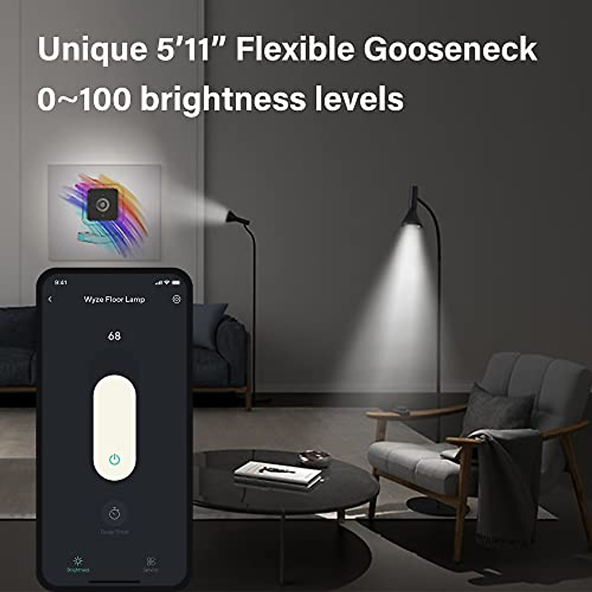 WYZE LED Floor Lamp for Bedroom Office Living Room with Timer Stepless Adjustable Brightness 4000K Standing Light with Remote & APP Control Reading Floor Lamps