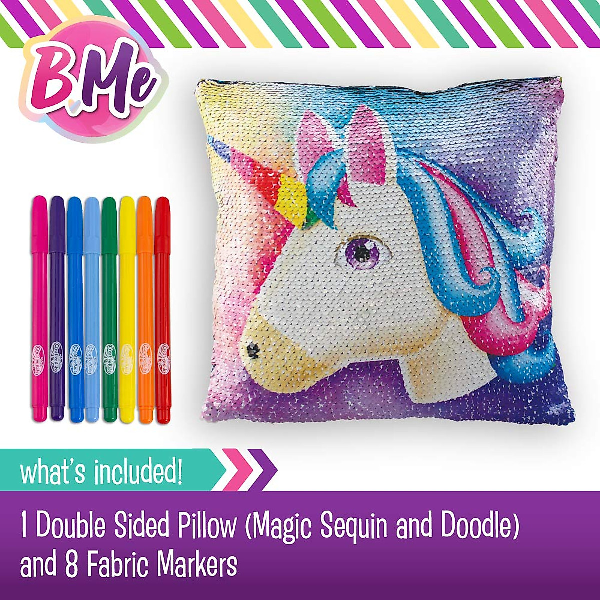 B Me Sequin Unicorn Pillow for Girls - Reversible Double Sided Rainbow Doodle Sequined Pillows - Bedroom Decor Art - Creative Magic Glitter Pillow with 8 Markers