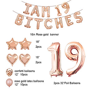 Santonila 19th Birthday Party Set-I am 19 Bitches Funny Banner Confetti Rose Gold Balloons for Girls 19 Years Old Birthday Decoration