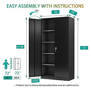 Aobabo 72 Inch Tall 2 Door Durable Locking Metal Storage Cabinet Organizer with 4 Adjustable Shelves and 2 Keys for Garages and Offices, Black