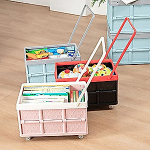 Radefasun Foldable Storage Bins with Lids Plastic Collapsible Storage Box Portable Stackable Grocery Toys Books Container Folding Latching Storage Crate with Removable Pulley and Pull Rod (Black, M)