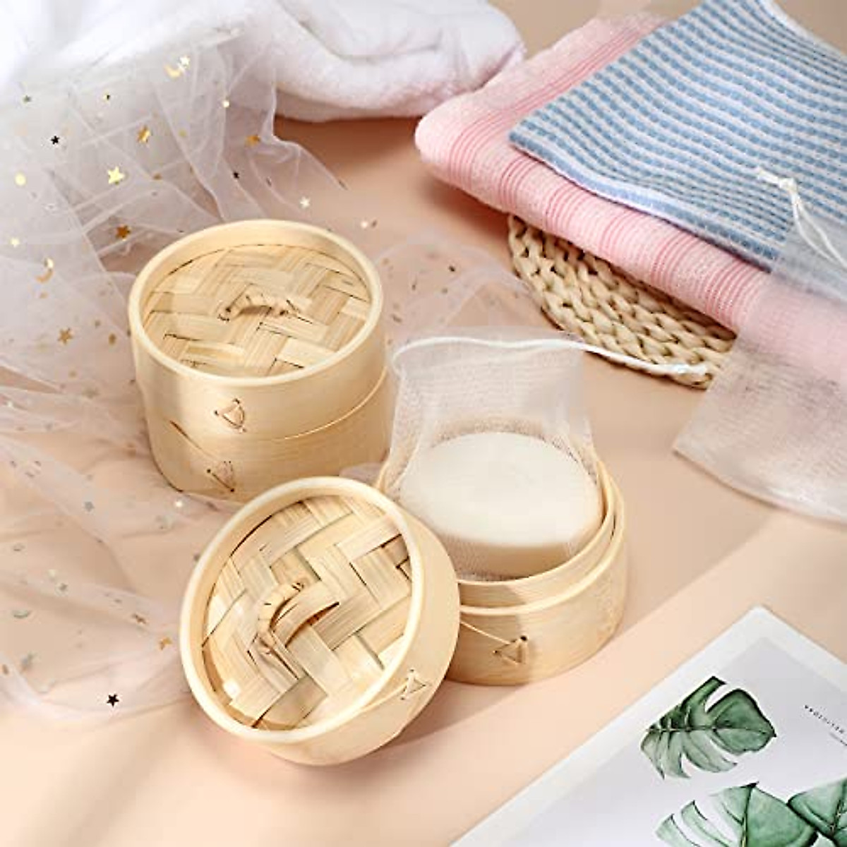 Natural Bamboo Soap Bar Holder with Lid Soap Dish Drain Foaming Net Shampoo Container Soaps Bar Box Wood Soap Tray Soap Saver Handmade Soap Case for Bathroom Shower Kitchen (6 Pcs,3.9 Inch)