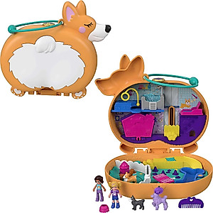 Polly Pocket Compact Playset, Corgi Cuddles with 2 Micro Dolls & Accessories, Travel Toys with Surprise Reveals (Amazon Exclusive)
