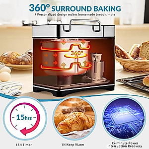KEEPEEZ Bread Maker Machine, 2LB Premium Stainless Steel Bread Maker, 17-in-1 with Gluten Free, Jam, Yogurt, Dough, Auto Nut Dispenser, Ceramic Pan, 1Hour Keep Warm, 3 Crust Shades, 2 Paddles, Recipes