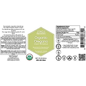 Zongle USDA Certified Organic Oregano Essential Oil, Safe to Ingest, Origanum Minutiflorum, 1 OZ